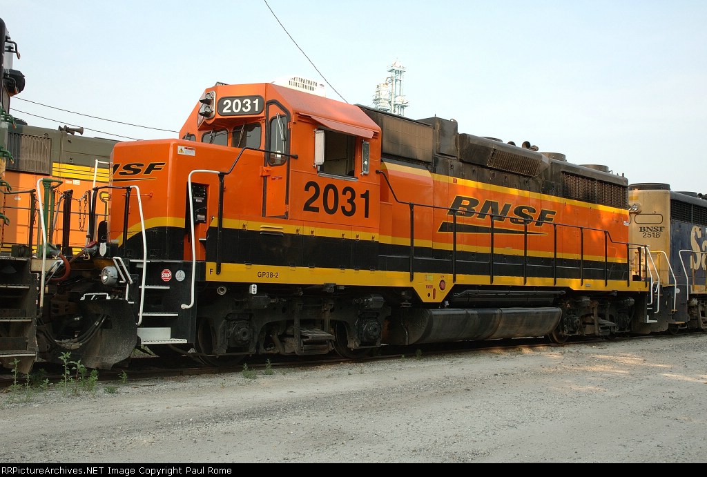 BNSF 2031, GP38-2, NRE rebuild from GP40, sits at the Burlington Yard